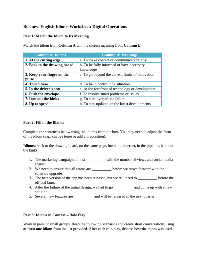 Business English Idioms Worksheet | PDF | Computers | Career & Growth