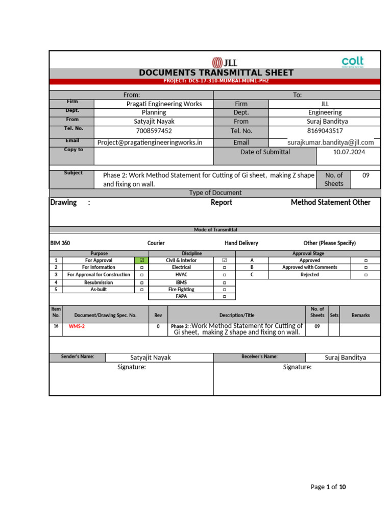 Pragati - Work Method Statement (GI sheet Cutting and Flashing) | PDF