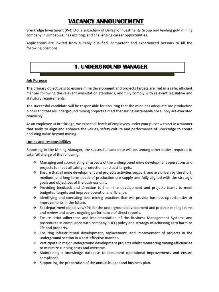 Job Adverts, UG Mining - Processing - Pickstone Peerless | PDF