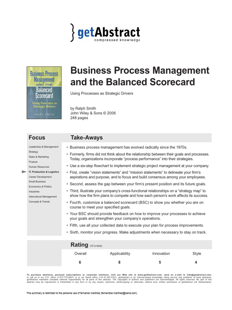 Business Process Management and The Balanced Scorecard Smith e | PDF