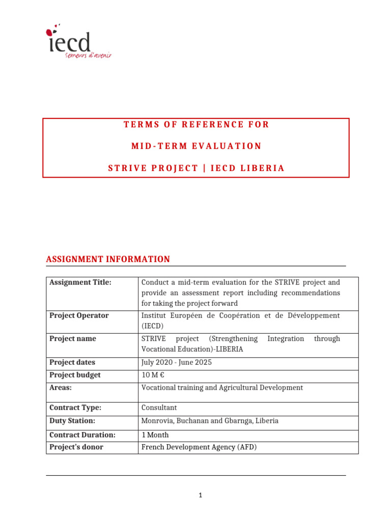 ToR - IECD Liberia STRIVE - Midterm Evaluation | PDF