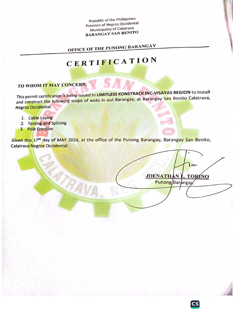 Brgy - 43796 Bgy San Benito Calatrava Negros Occ | PDF