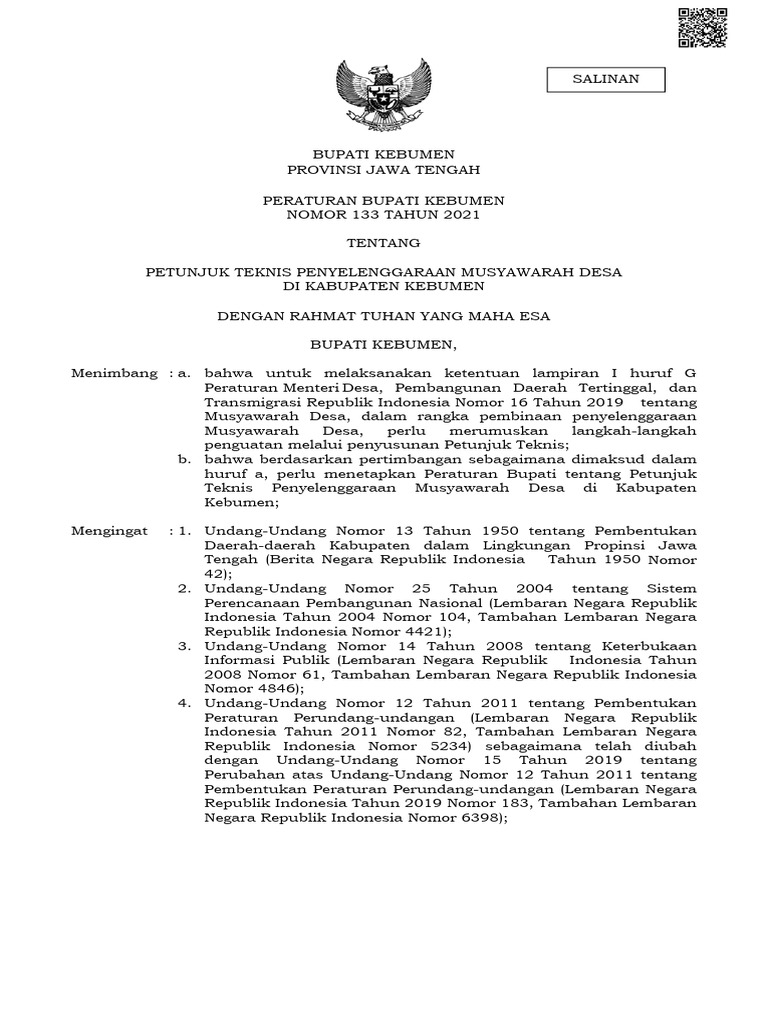 Perbup 133 THN 2021 TTG Petunjuk Teknis Penyelenggaraan Musyawarah Desa ...