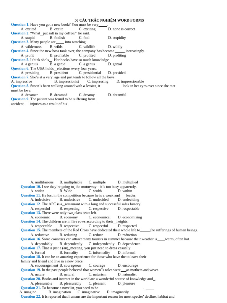50 Câu Trắc Nghiệm Word Forms | PDF