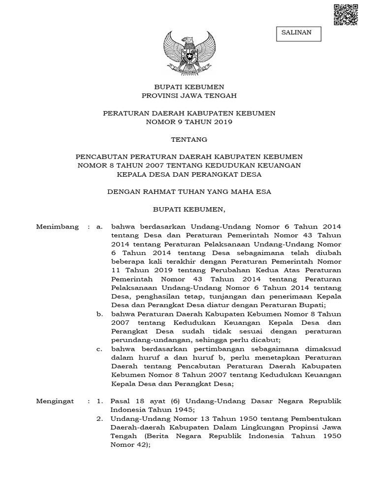 Perbup No 9 THN 2019 TTG Pencabutan Peraturan Daerah Kabupaten Kebumen ...