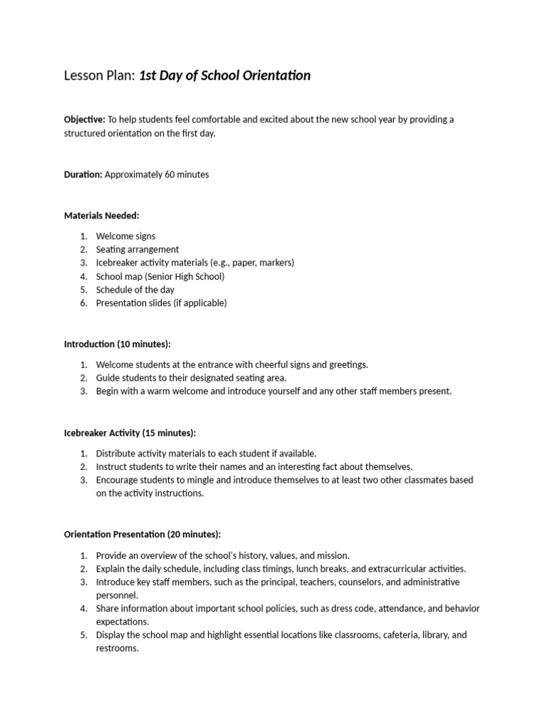 Lesson Plan For Orientation | PDF
