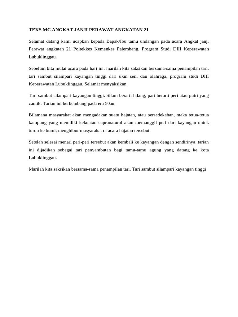 Teks MC Angkat Janji Perawat Angkatan 21-1 | PDF