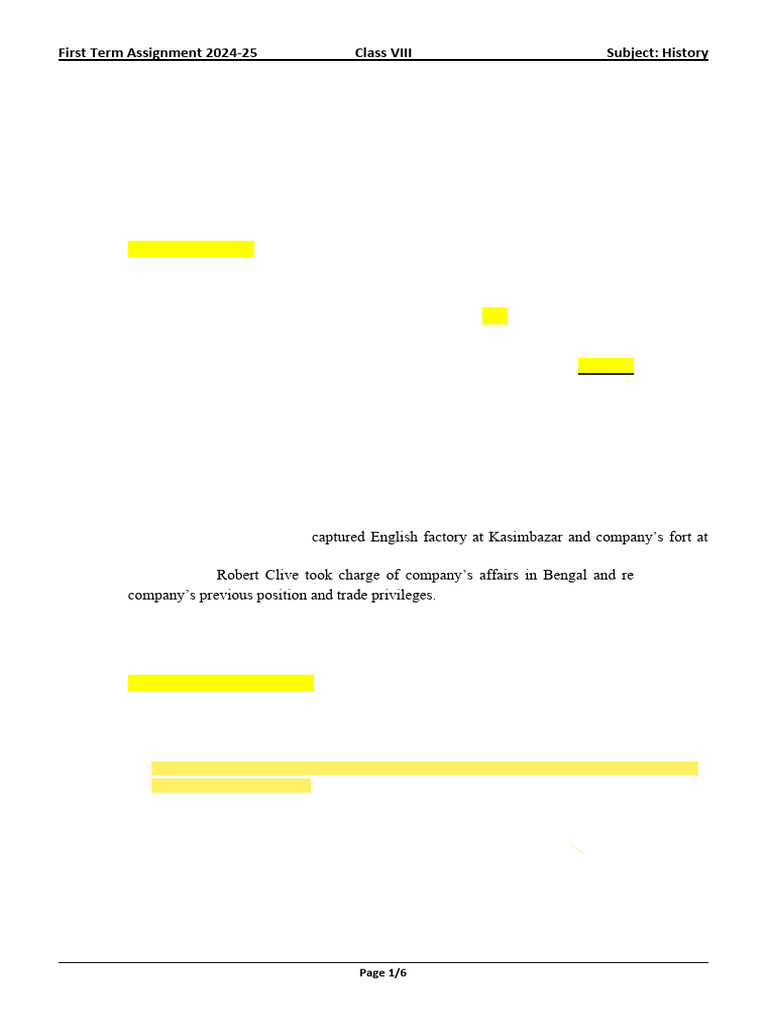 Class 8 - Term 1 Assignment Answer Key (Full) | PDF