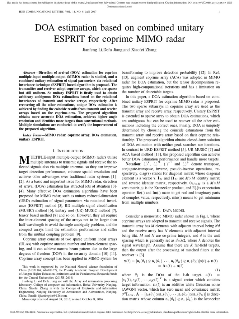 DOA Estimation Based On Combined Unitary ESPRIT For Coprime MIMO Radar | PDF