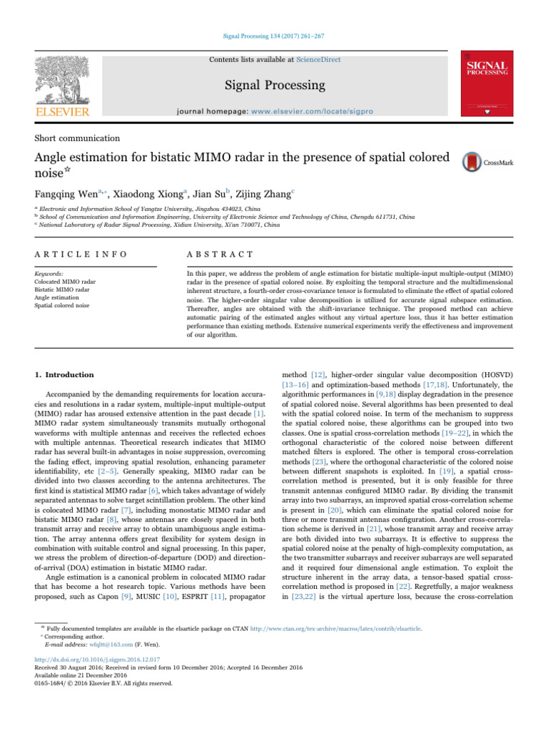 Angle Estimation For Bistatic Mimo Radar In Sptial Colored Noise Pdf