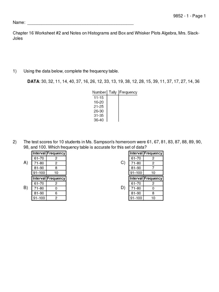 Worksheet #2 On Histograms and Box and Whisker Plots - JNT | PDF