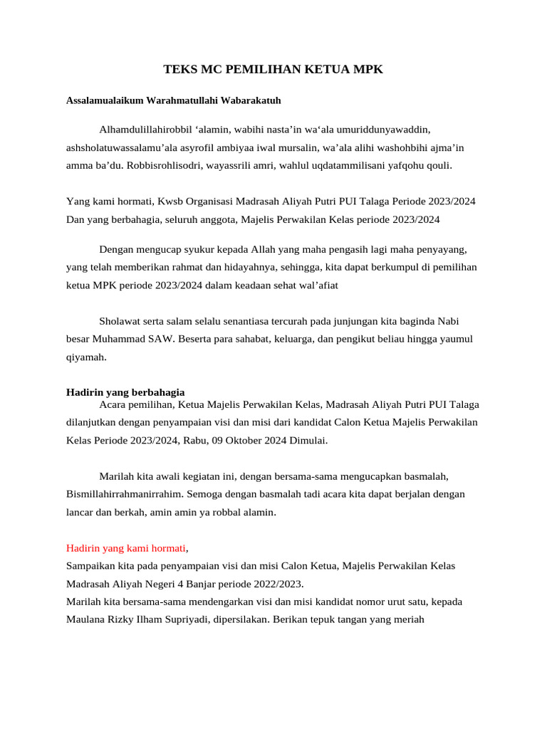 Teks MC Pemilihan Keta Dan Wakil Ketua MPK 2024 | PDF