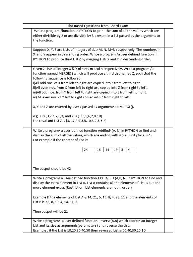List Based Questions form Board Exam | PDF