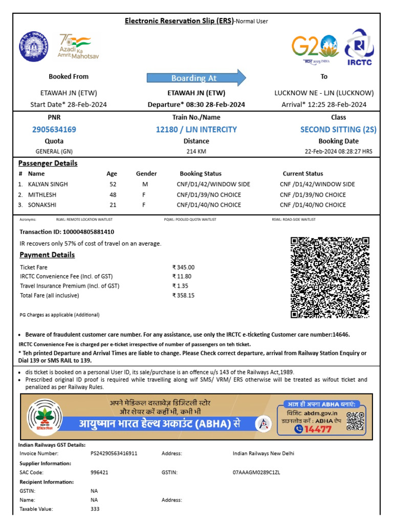 LJN Intercity Second Sitting (2S) : Electronic Reserva On Slip (ERS) | PDF