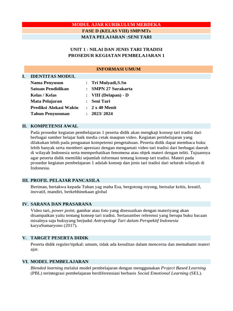 Modul Seni Tari 8 Unit 1 | PDF