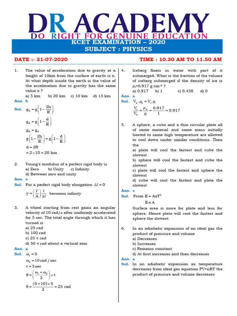 KCET 2020 Physics Question Paper and Solution by D R Academy | PDF