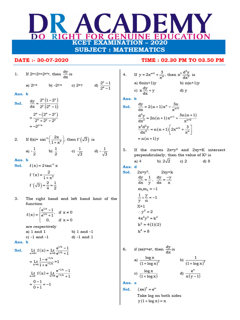 KCET 2020 Maths Question Paper With Solution by D R Academy | PDF