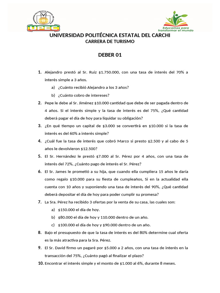 Deber 01 Interés Simple | PDF