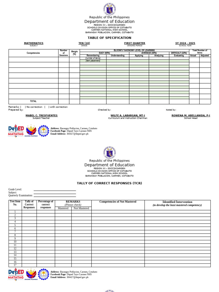 Form For Tos MPS and TCR | PDF | Learning