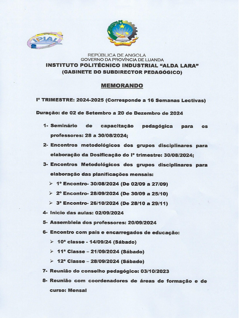 Memorando Iº Trimestre Ano Lectivo 2024-2025 | PDF
