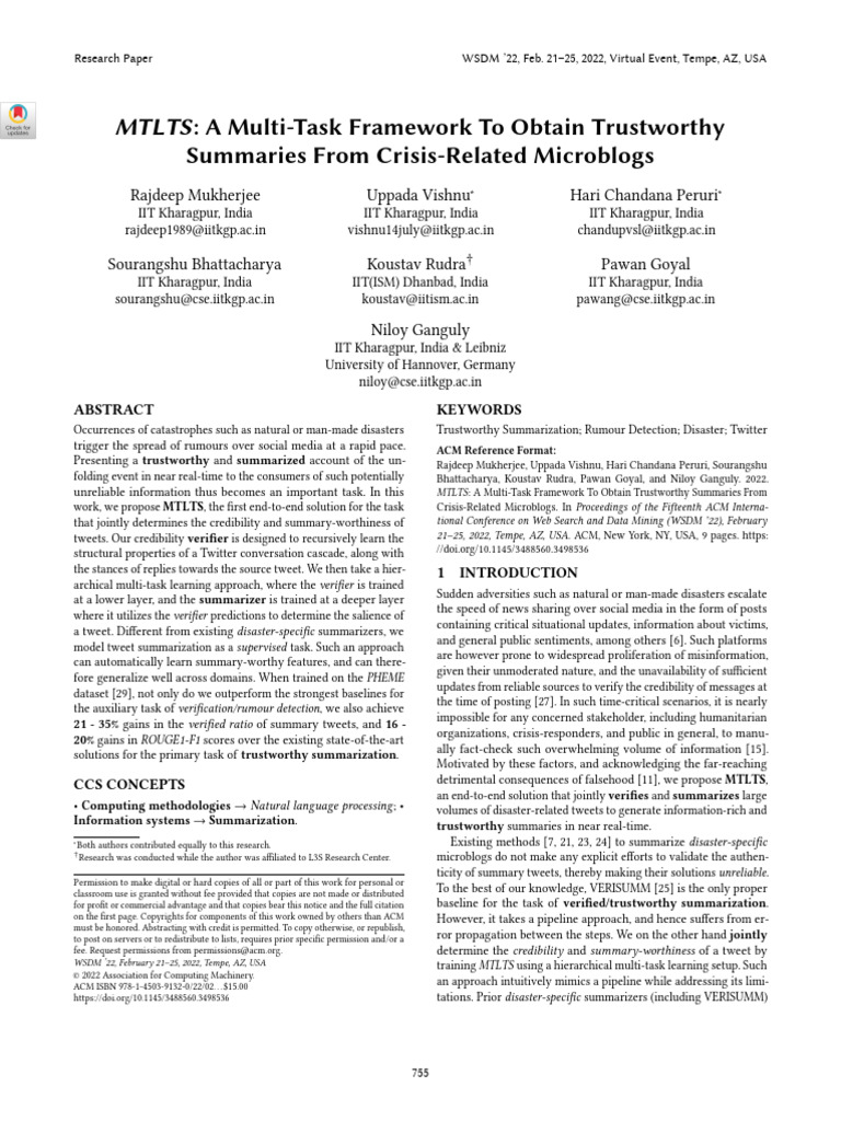 MTLTS: A Multi-Task Framework To Obtain Trustworthy Summaries From Crisis-Related Microblogs ...