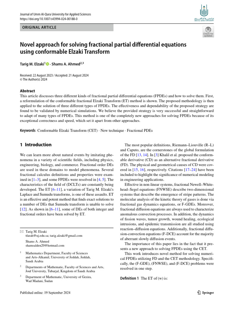 Novel Approach For Solving Fractional Partial Differential Equations Using Conformable Elzaki ...