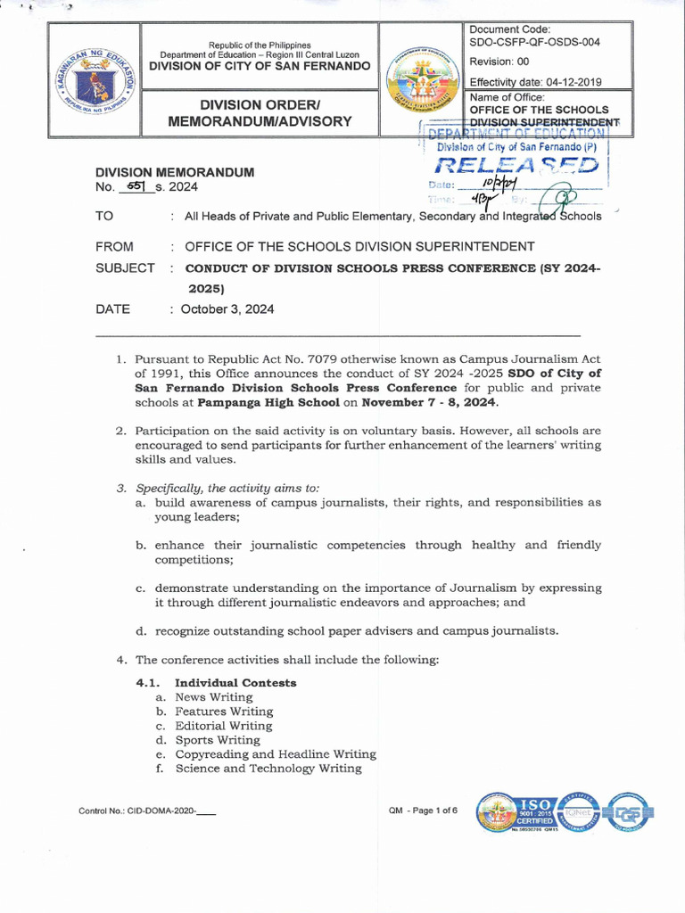 Division Memorandum No. 551 s. 2024 CONDUCT OF DIVISION SCHOOLS PRESS ... Division Memorandum No. 551 s. 2024 CONDUCT OF DIVISION SCHOOLS PRESS ...
