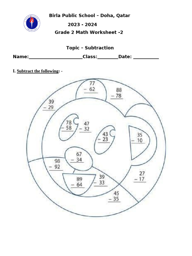 Math - Ch 3 Subtraction Worksheet 2 | PDF