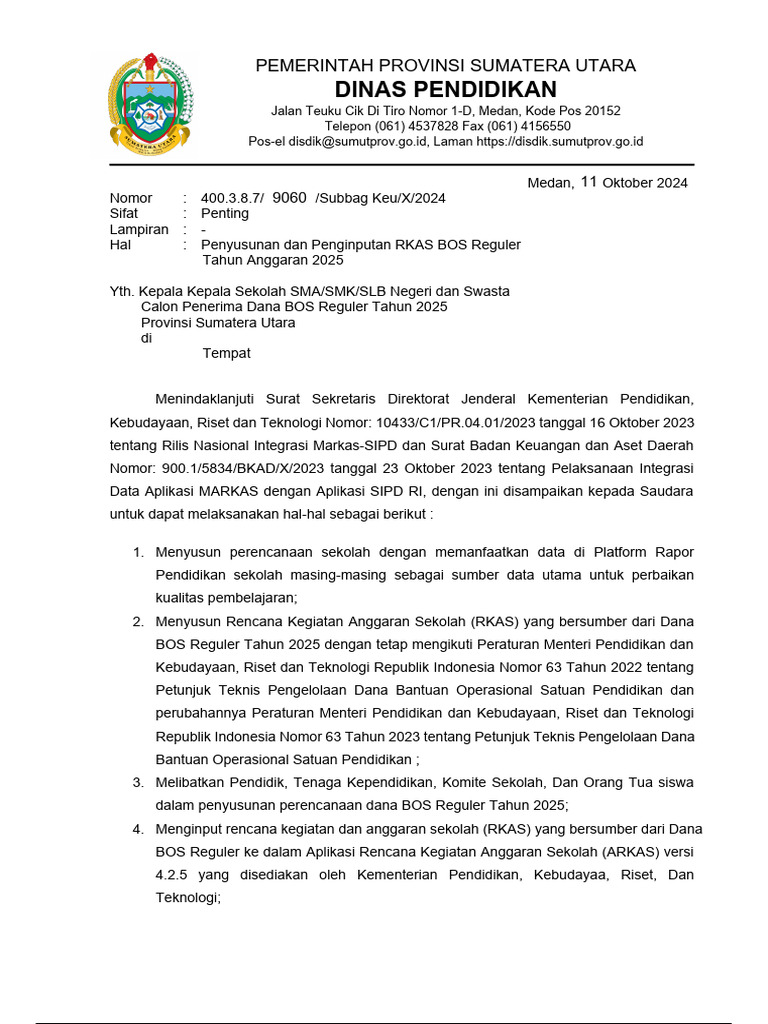 Surat Penyusunan Dan Penginputan RKAS BOS Reguler 2025 | PDF