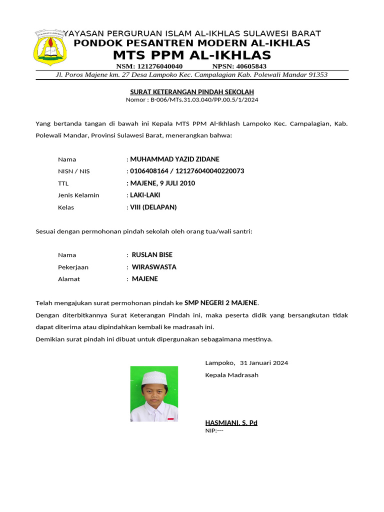 006 Surat Keterangan Pindah Sekolah M Yazid Zidane | PDF 006 Surat Keterangan Pindah Sekolah M Yazid Zidane | PDF