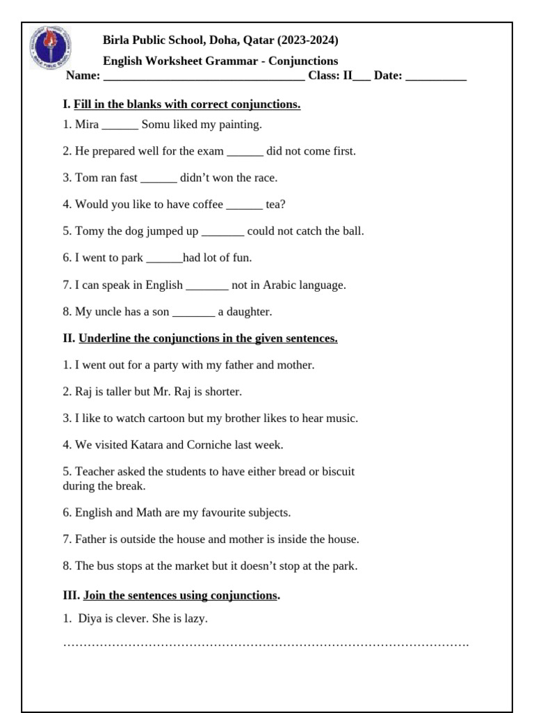 Grade 2 - Eng Conjunction Worksheet (2023 - 2024) | PDF