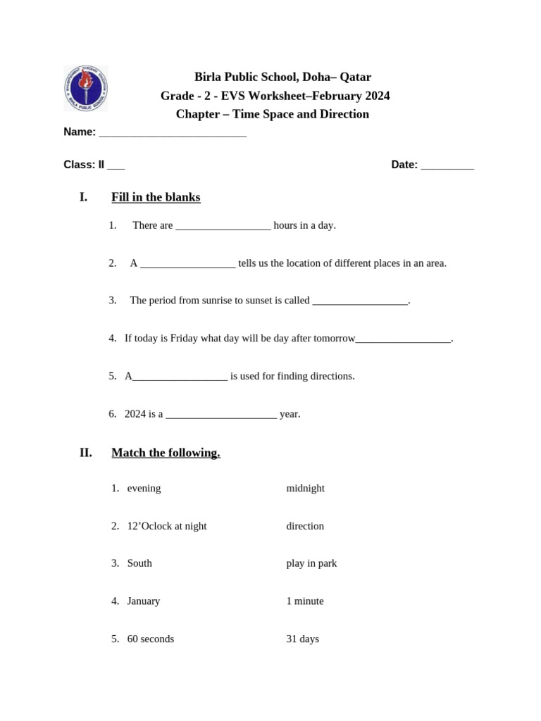 HA Class-2 Time Space & Direction-Worksheet | PDF