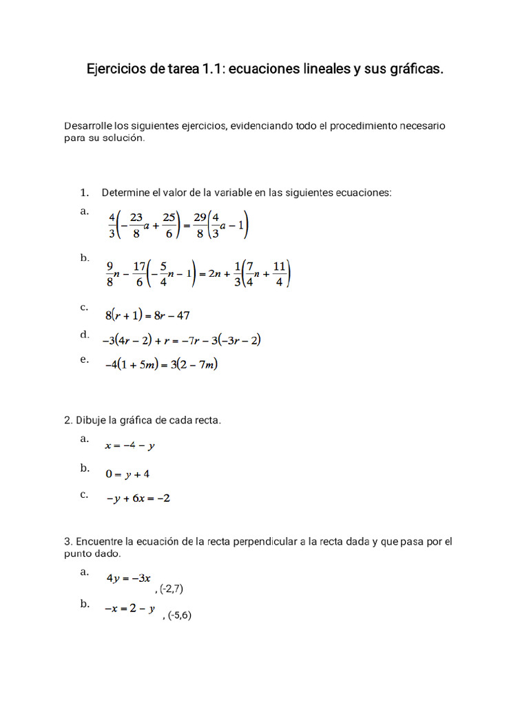 Ejercicios para Tarea 1.1 Ecuaciones Lineales y Sus Gráficas. - 1211308897 | PDF