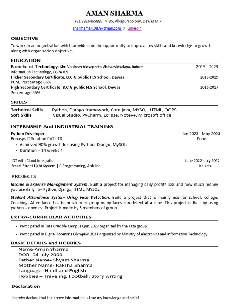 Aman Sharma Resume | PDF