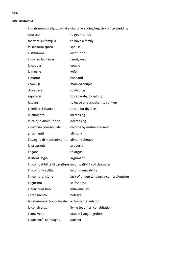 Matrimonio Vocabolario | PDF