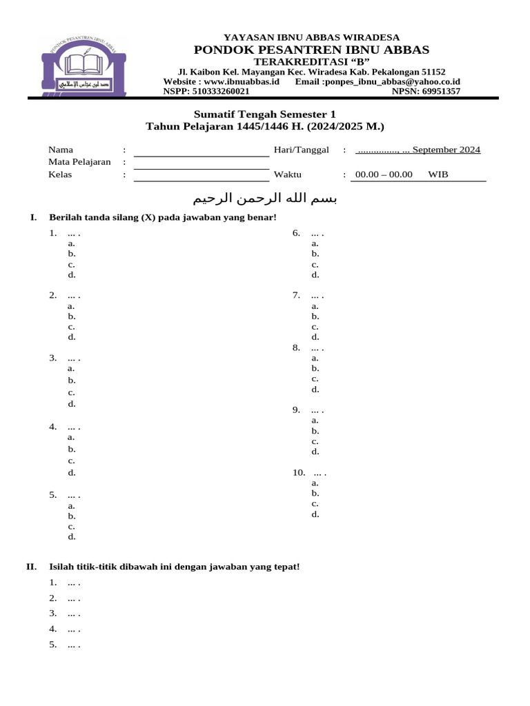 Format Soal STS 1 Kelas 456 Tp. 2024-2025 | PDF