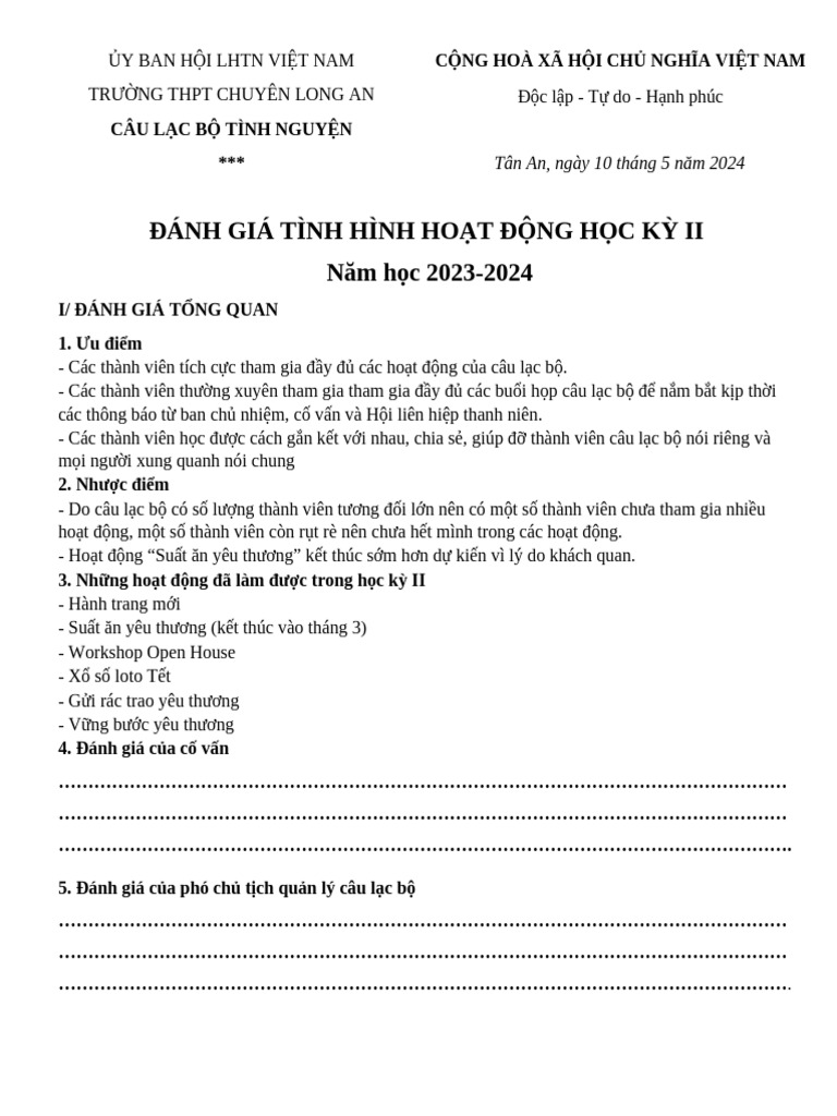Đánh Giá Hoạt Động HK2 Năm 2023-2024-CLB Tình Nguyện | PDF