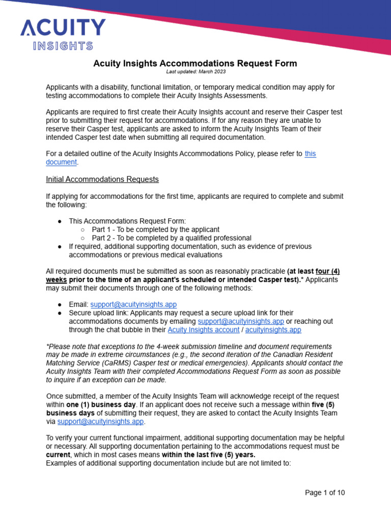 Acuity Insights Accommodations Request Form 2023 | PDF