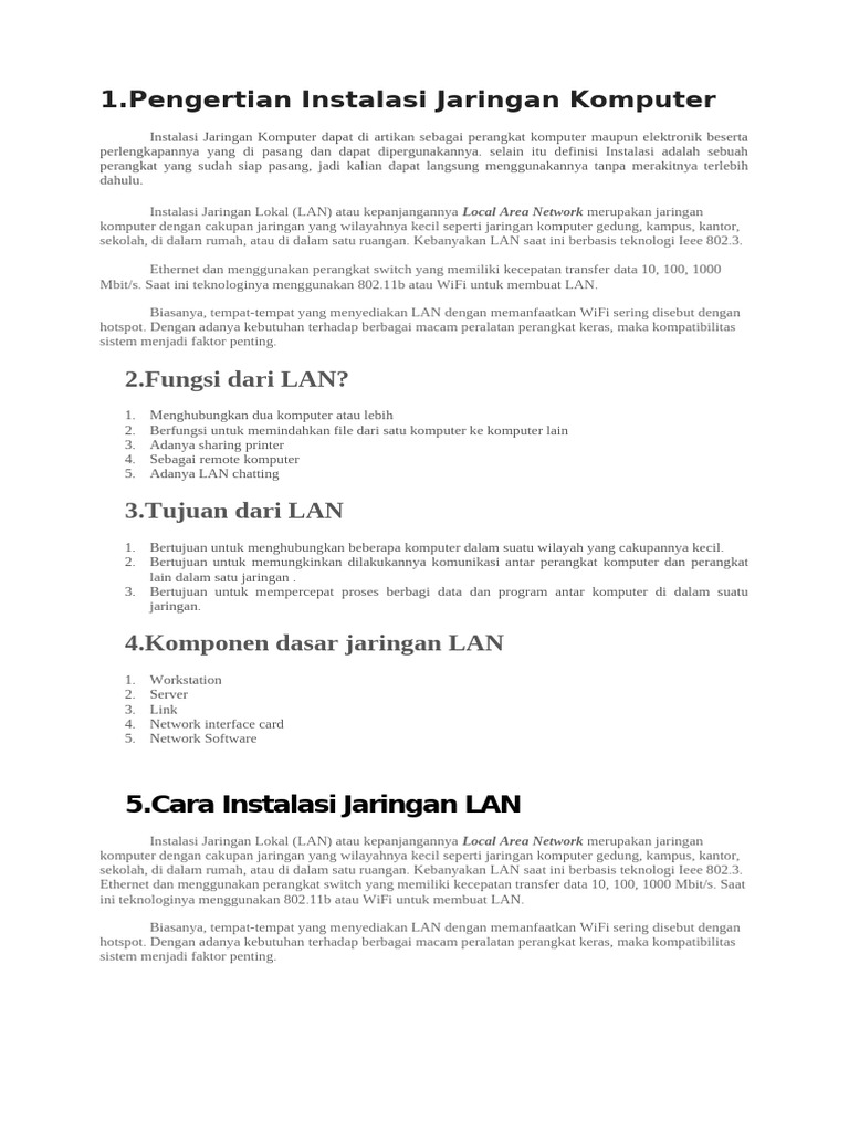 1.pengertian Instalasi Jaringan Komputer: 2.fungsi Dari LAN? | PDF