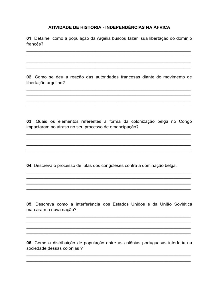 Atividade de História - Independências Na África | PDF | África | República Democrática do Congo