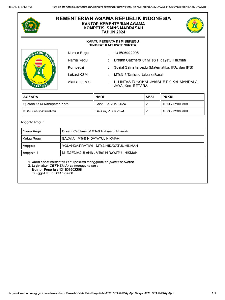 Kartu Peserta Kabko. Regu | PDF