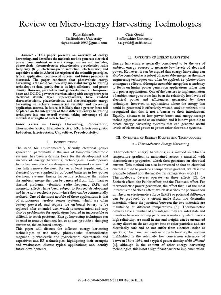 Review On Micro-Energy Harvesting Technologies | PDF