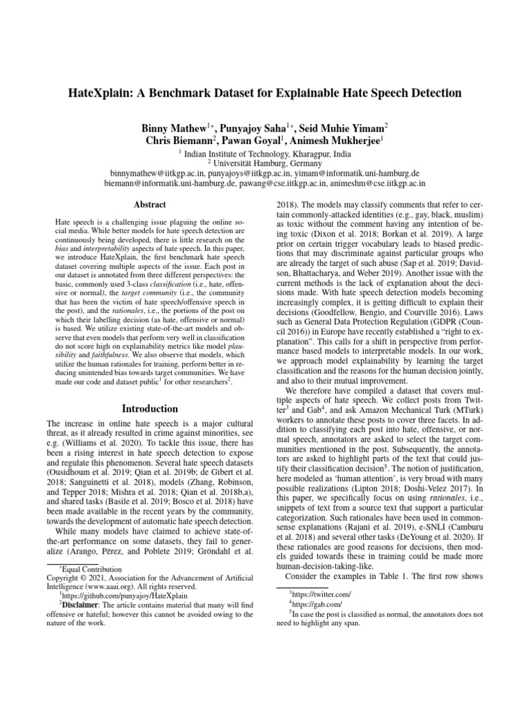 HateXplain: A Benchmark Dataset For Explainable Hate Speech Detection | PDF | Receiver Operating ...
