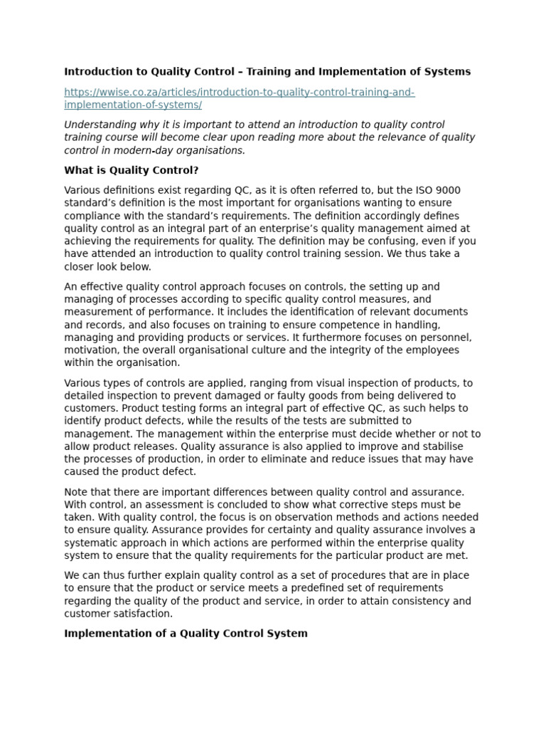 Introduction to Quality Control | PDF