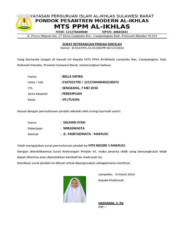 013 Surat Keterangan Pindah Sekolah Bella Safira | PDF