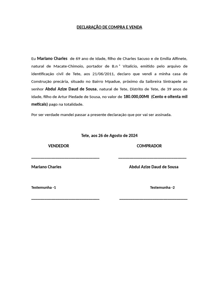 Declaração de Compra e Venda | PDF
