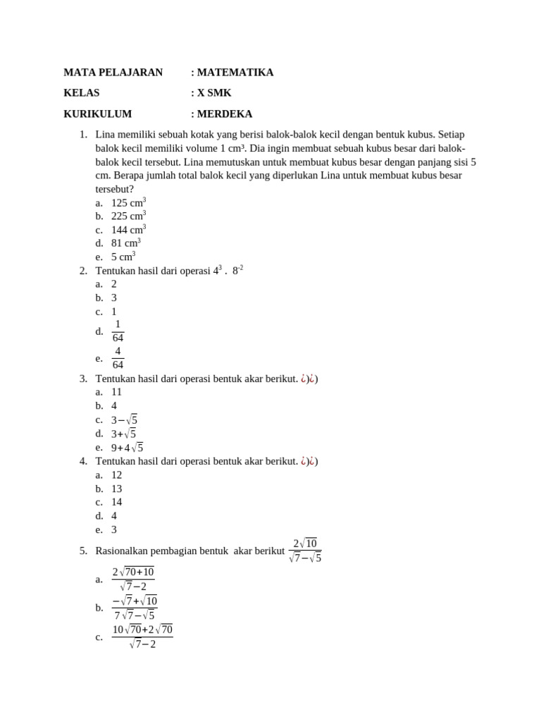 SOAL STS MATEMATIKA KELAS X SMK SEMSETER GANJIL | PDF