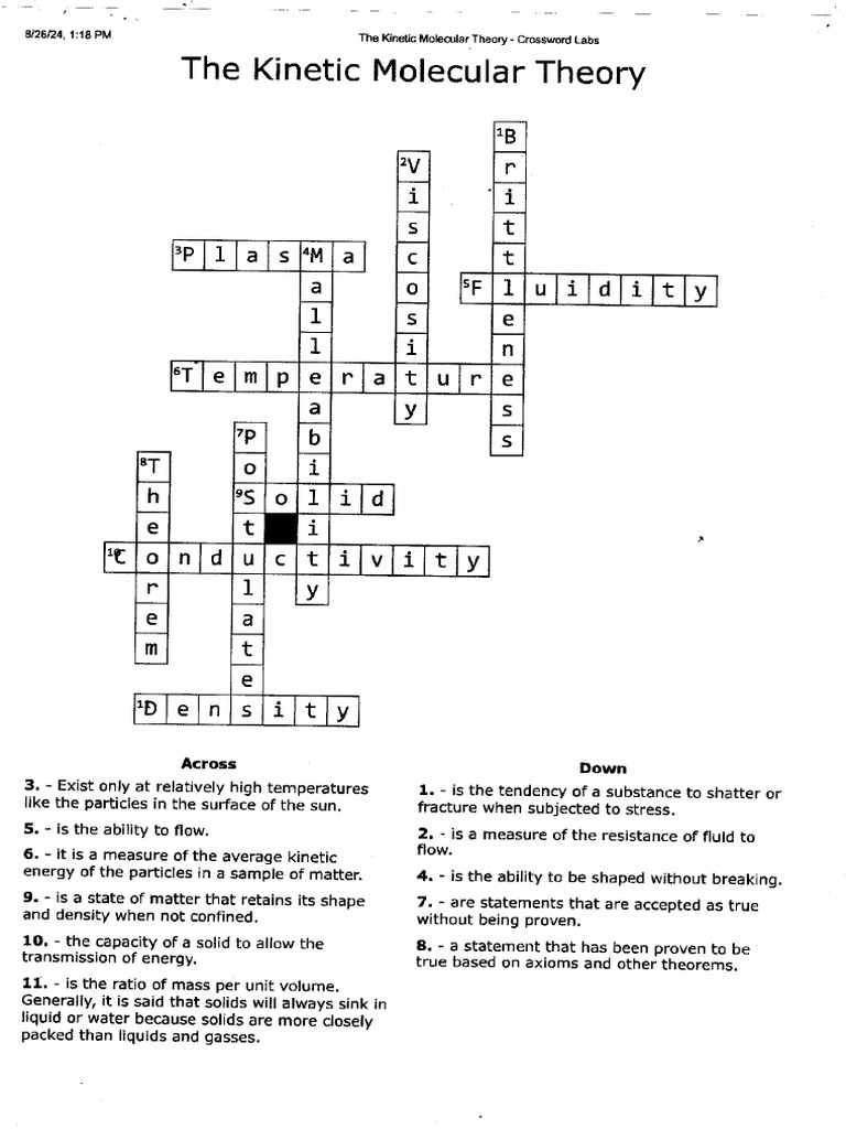 Kinetic Molecular Theory Activity Answerkey | PDF