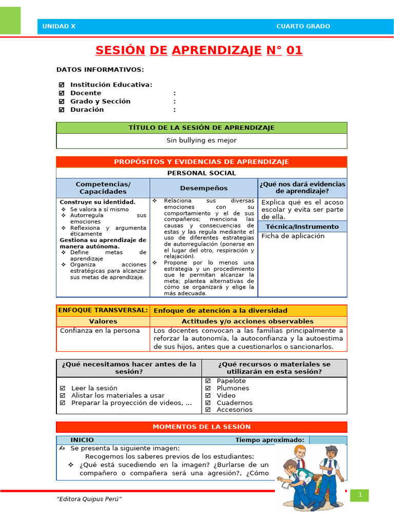 Sesiones de Aprendizaje - Unidad Didáctica X - Editora Quipus Perú | PDF