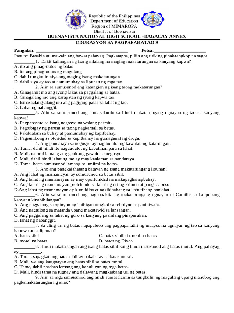 Quiz in Esp 9 - Modyul 1 | PDF